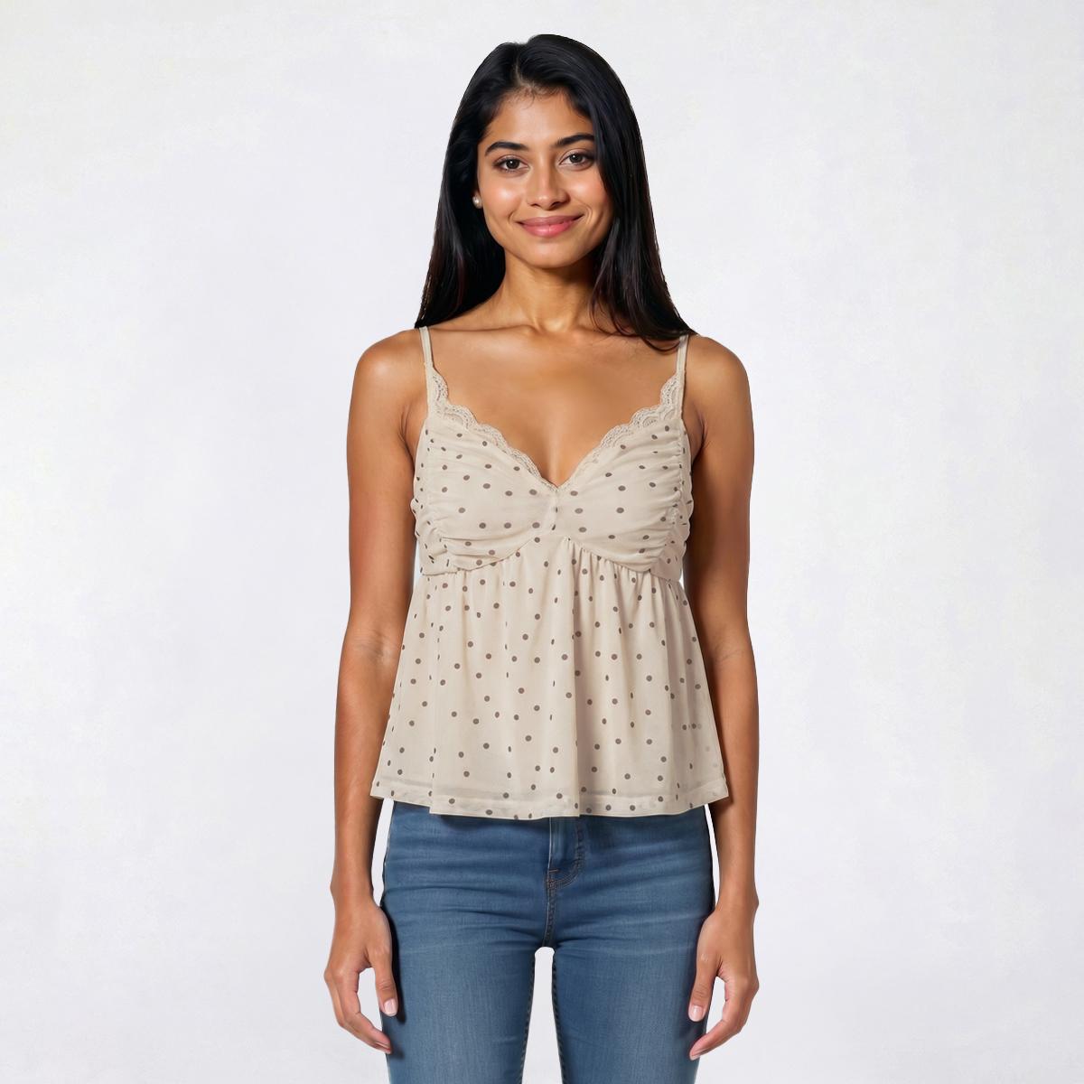 Click here for Juniors Pink Rose Dot Print Mesh Babydoll Camisole prices